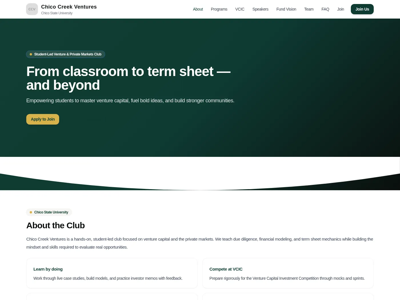 Chico Creek Ventures Club Website