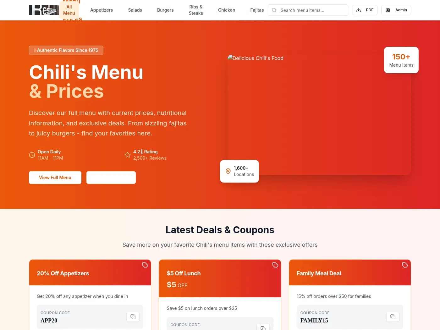 Chili's Menu Price Clone: Fully-Editable Responsive Restaurant Menu Site