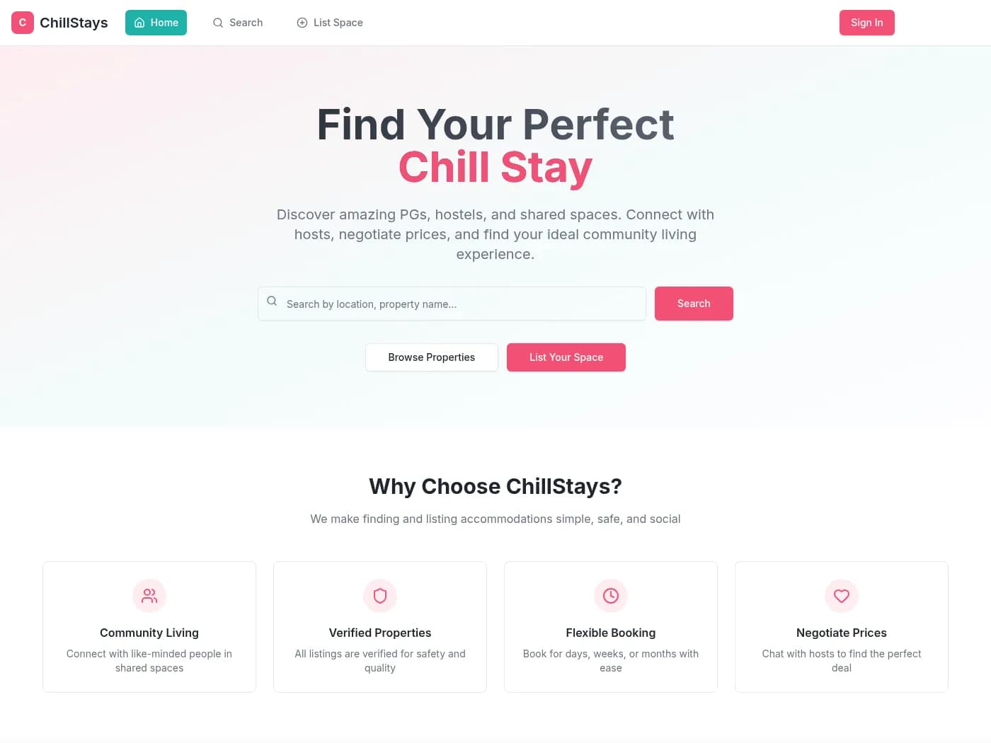 ChillStays: PG & Hostel Community Booking Platform