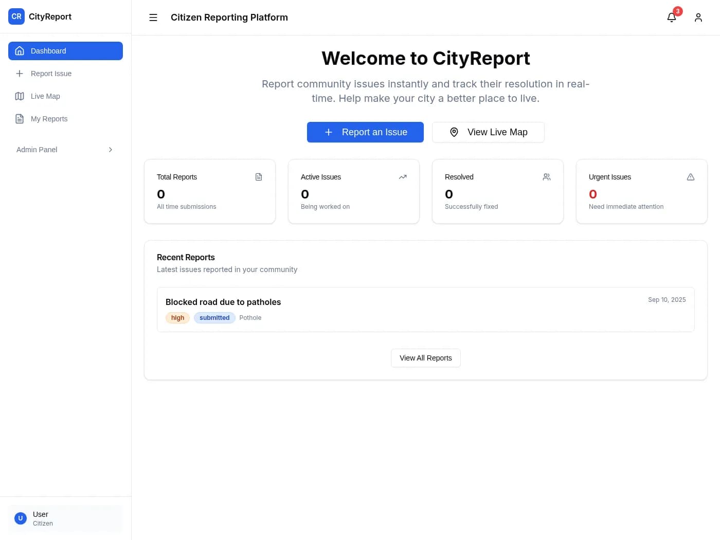 Real-Time Citizen Issue Reporting Platform with Web Admin Portal