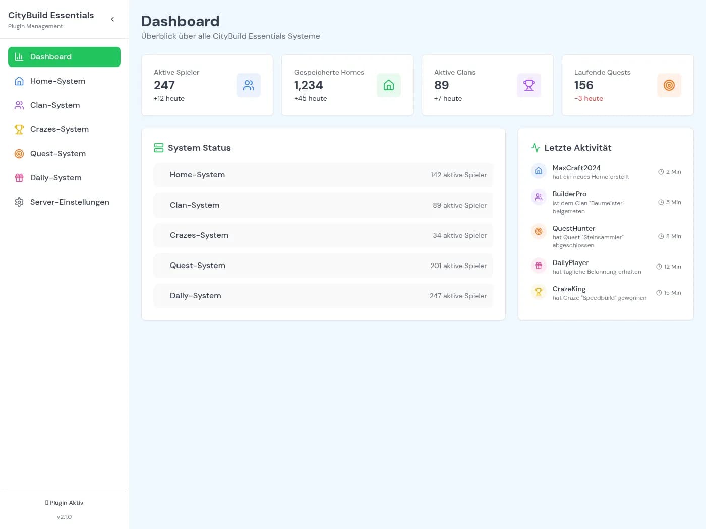 CityBuild Essentials Plugin mit GUI, Clan-, Home-, Crazes-, Quests- und Daily-System (Deutsch)