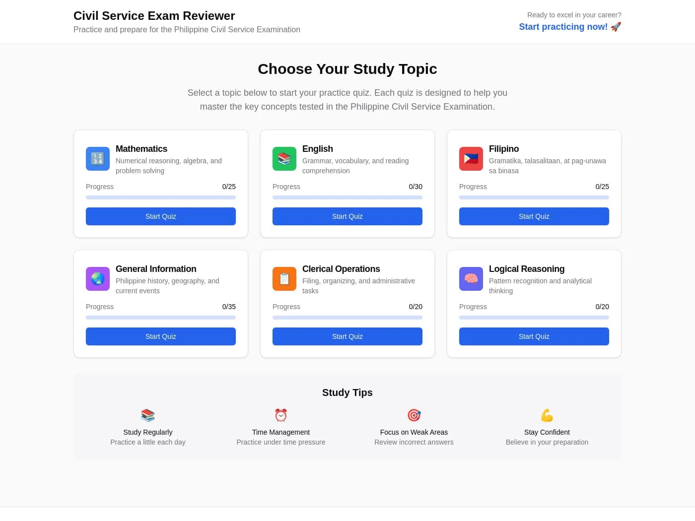 Civil Service Exam Reviewer Quiz Game