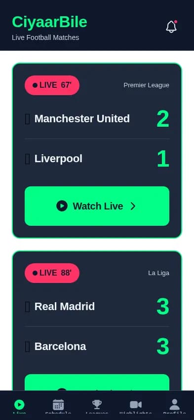 Ciyaar Bile: All-In-One Legal Football Streaming & Scores App