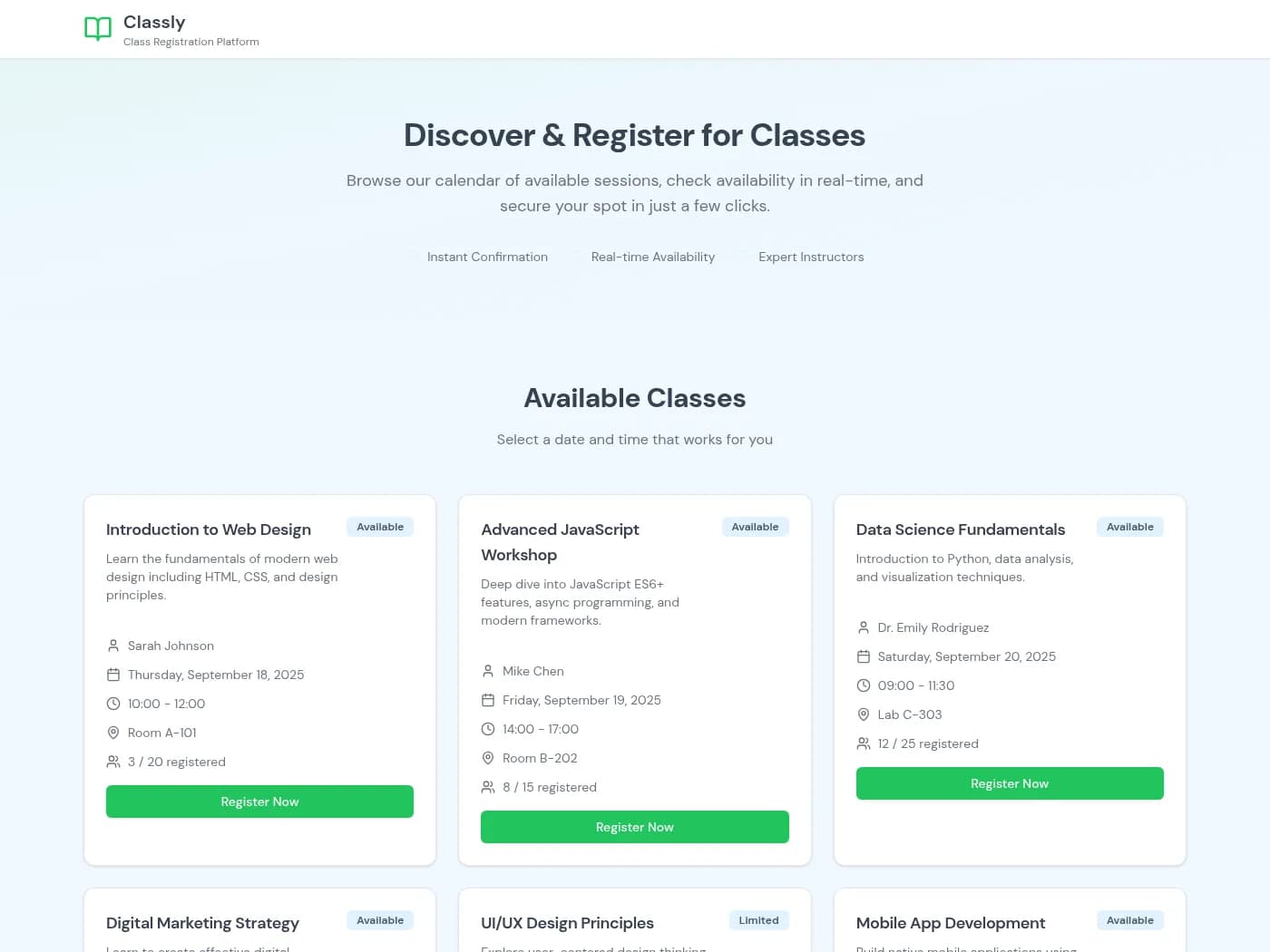 Classly – Simple Class and Session Registration with Calendar Interface