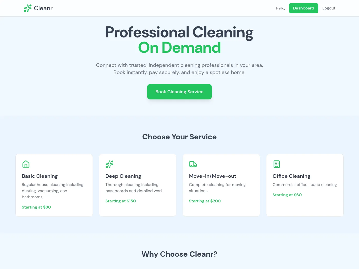 Cleanr: Marketplace for Independent Cleaning Services