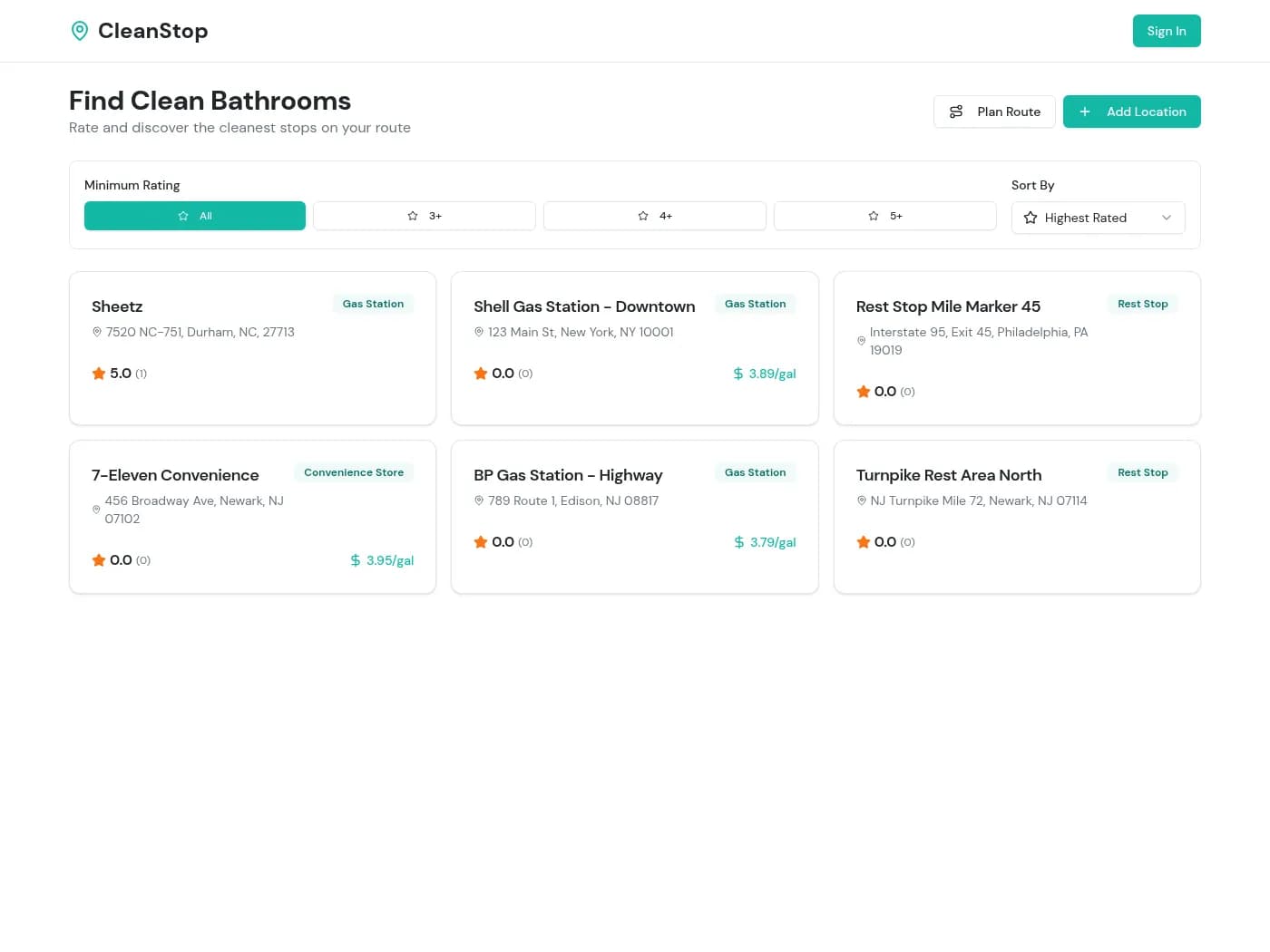 CleanStop - Gas Station Bathroom Ratings & Route Finder
