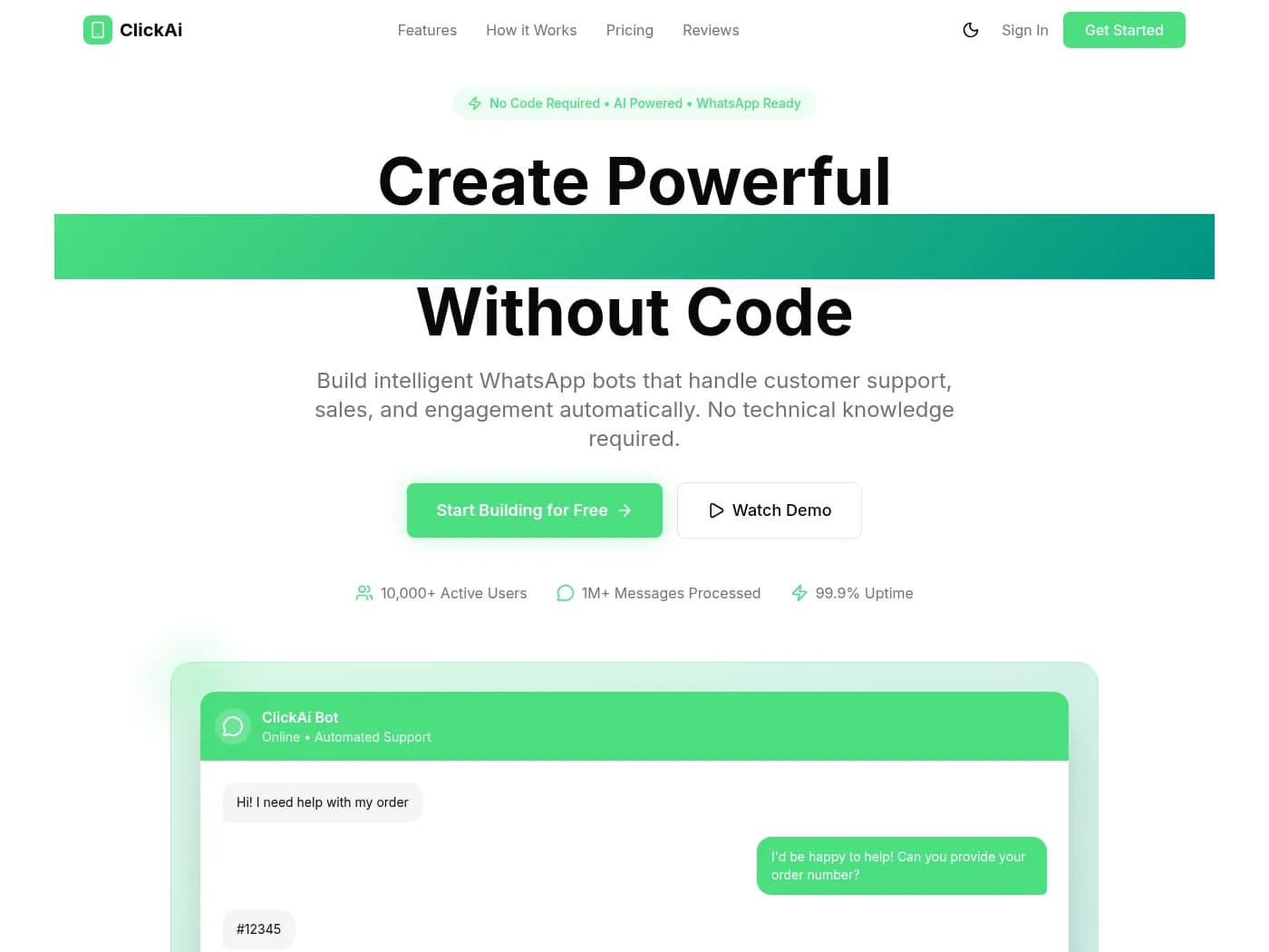 ClickAi Landing Page for WhatsApp AI Bot SaaS