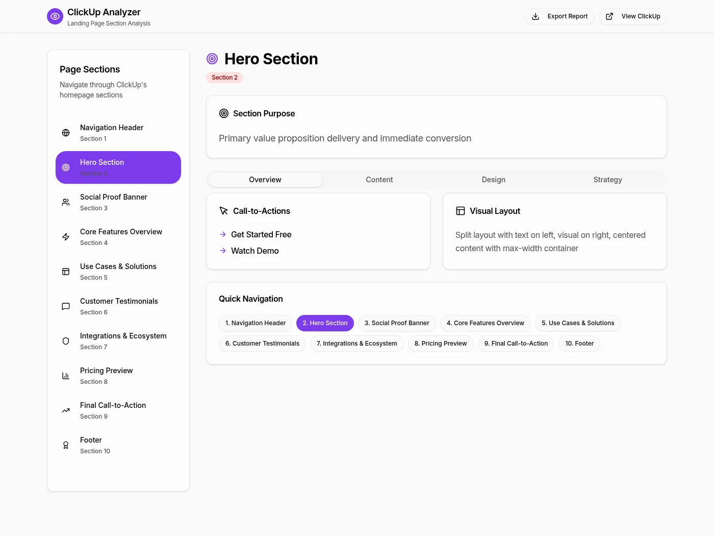 ClickUp Landing Page Section Analyzer