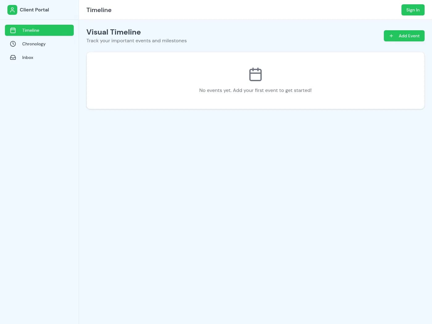 Client Dashboard with Timeline, Chronology, and Inbox