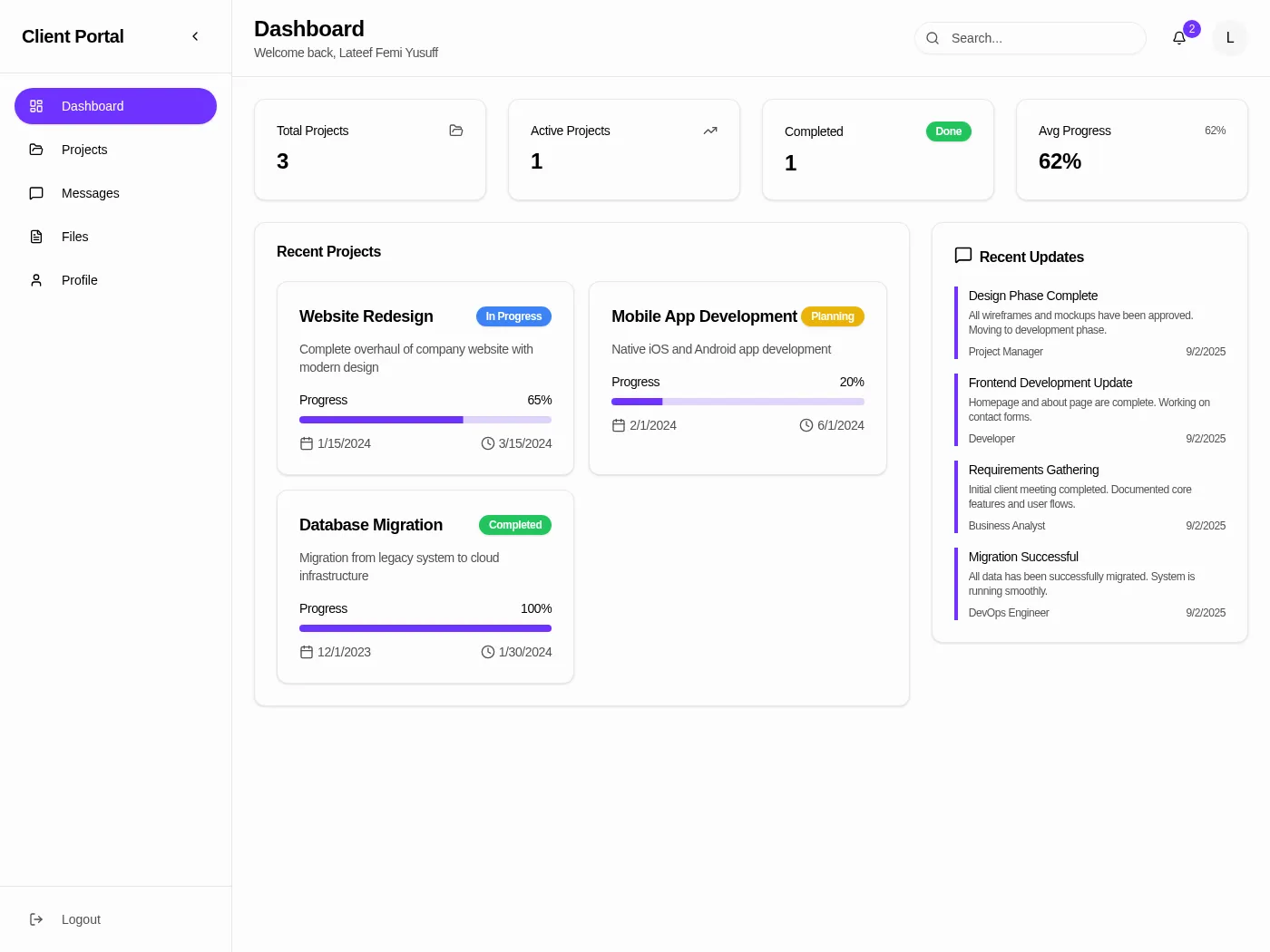 Client Project Portal Dashboard