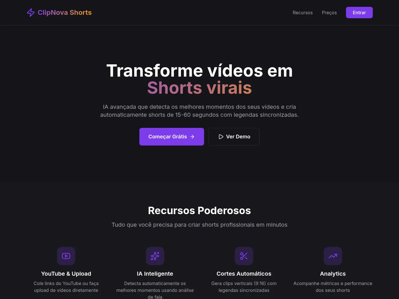 ClipNova Shorts: Gerador Inteligente de Shorts/Reels de Vídeo