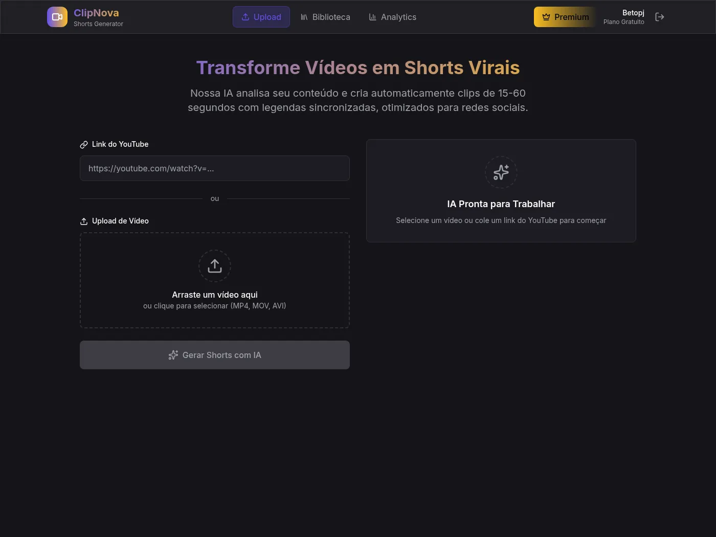 ClipNova Shorts: Gerador Inteligente de Shorts/Reels de Vídeo
