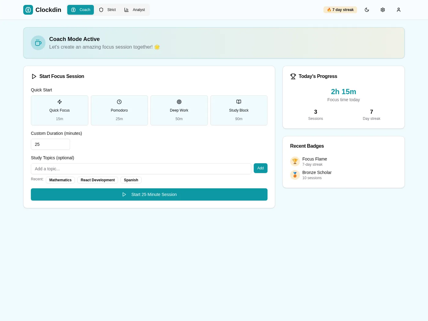 Clockdin: Multi-Mode Focus & Productivity AI Companion