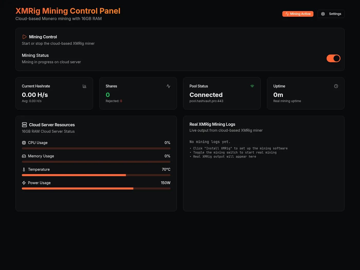 Cloud-Based XMRig Monero Mining Control Panel