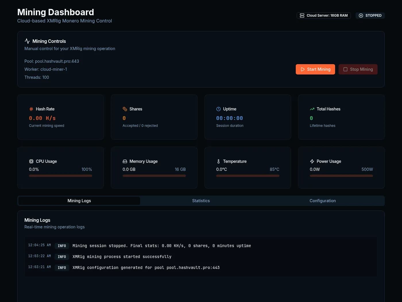 Cloud-Based XMRig Monero Mining Dashboard
