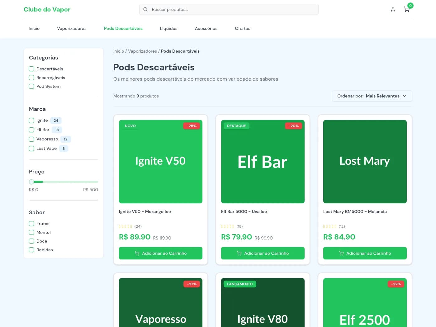Clube do Vapor Green Themed Website Clone