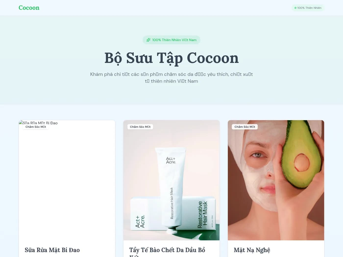 Cocoon Skincare Product Detail Showcase Website