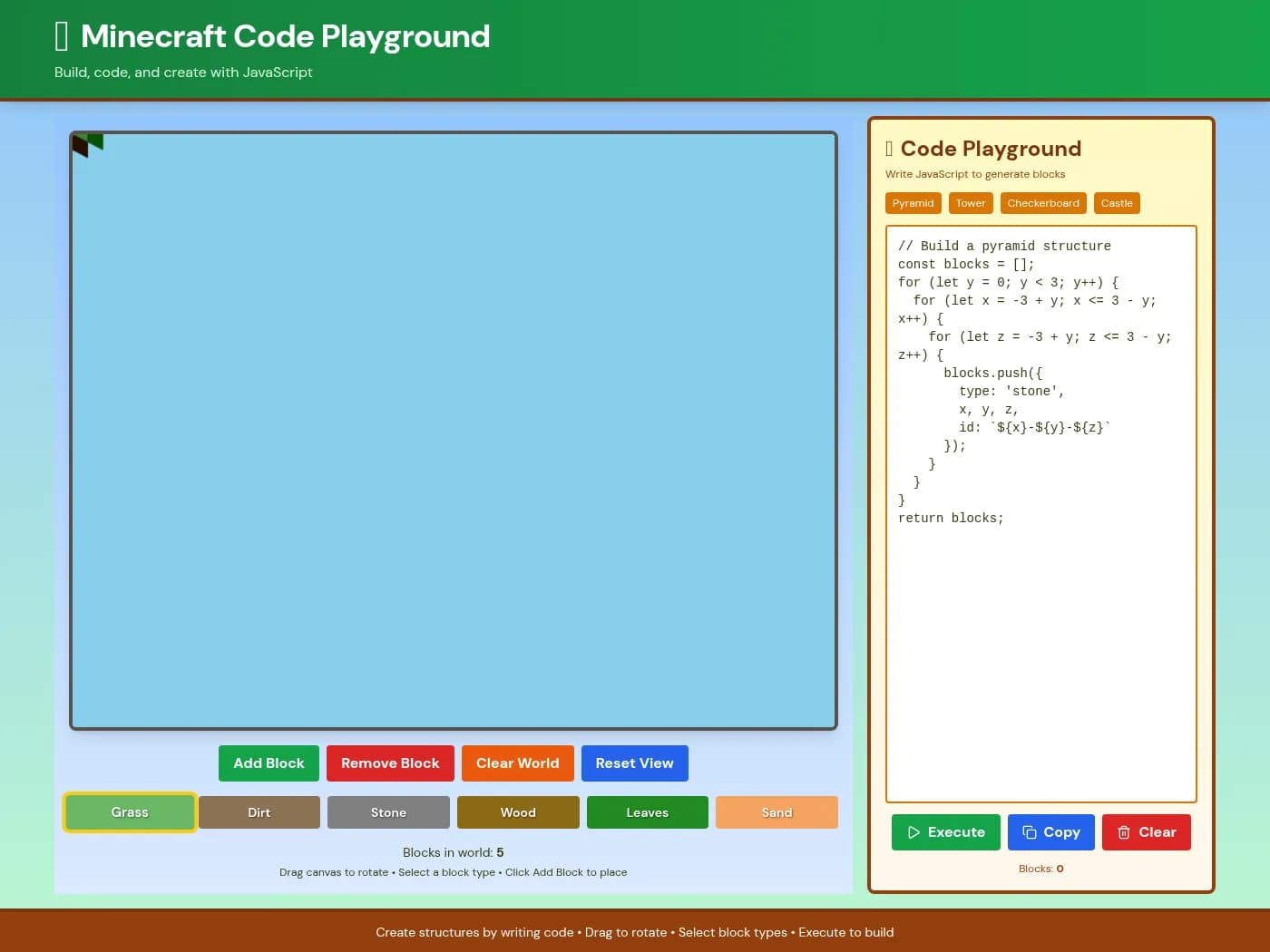 Minecraft-Inspired Code Playground