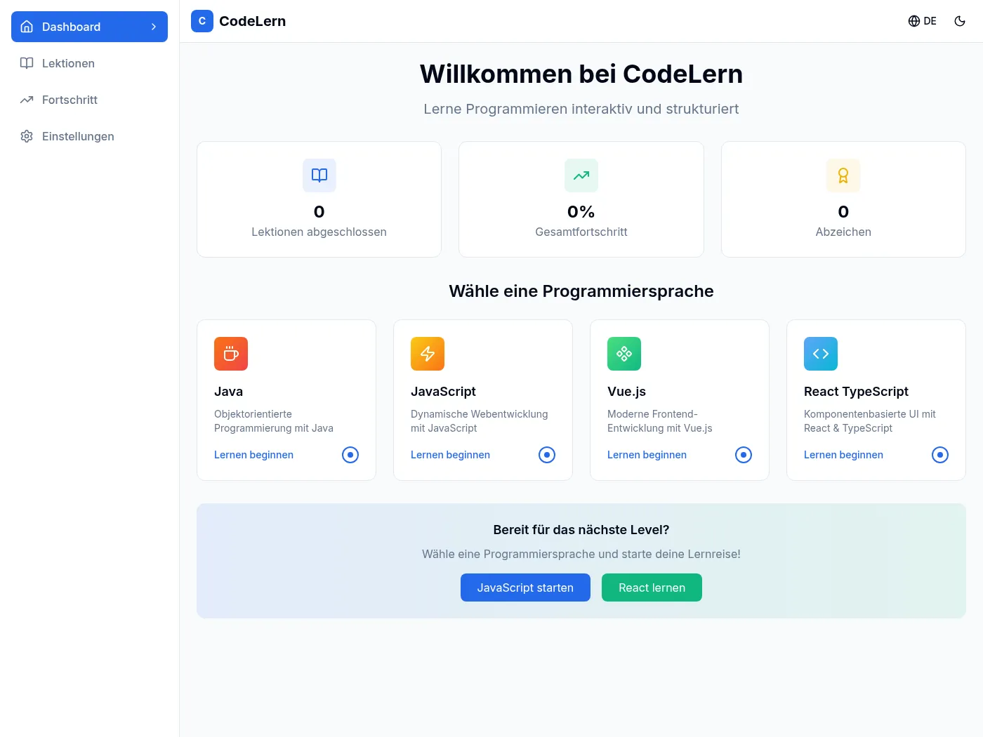 CodeLern: Interaktive Programmier-Lernapp für Java, JavaScript, Vue.js & React