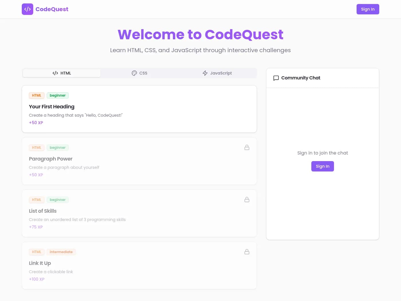 CodeQuest: Interactive Game Website to Learn HTML, CSS, & JavaScript