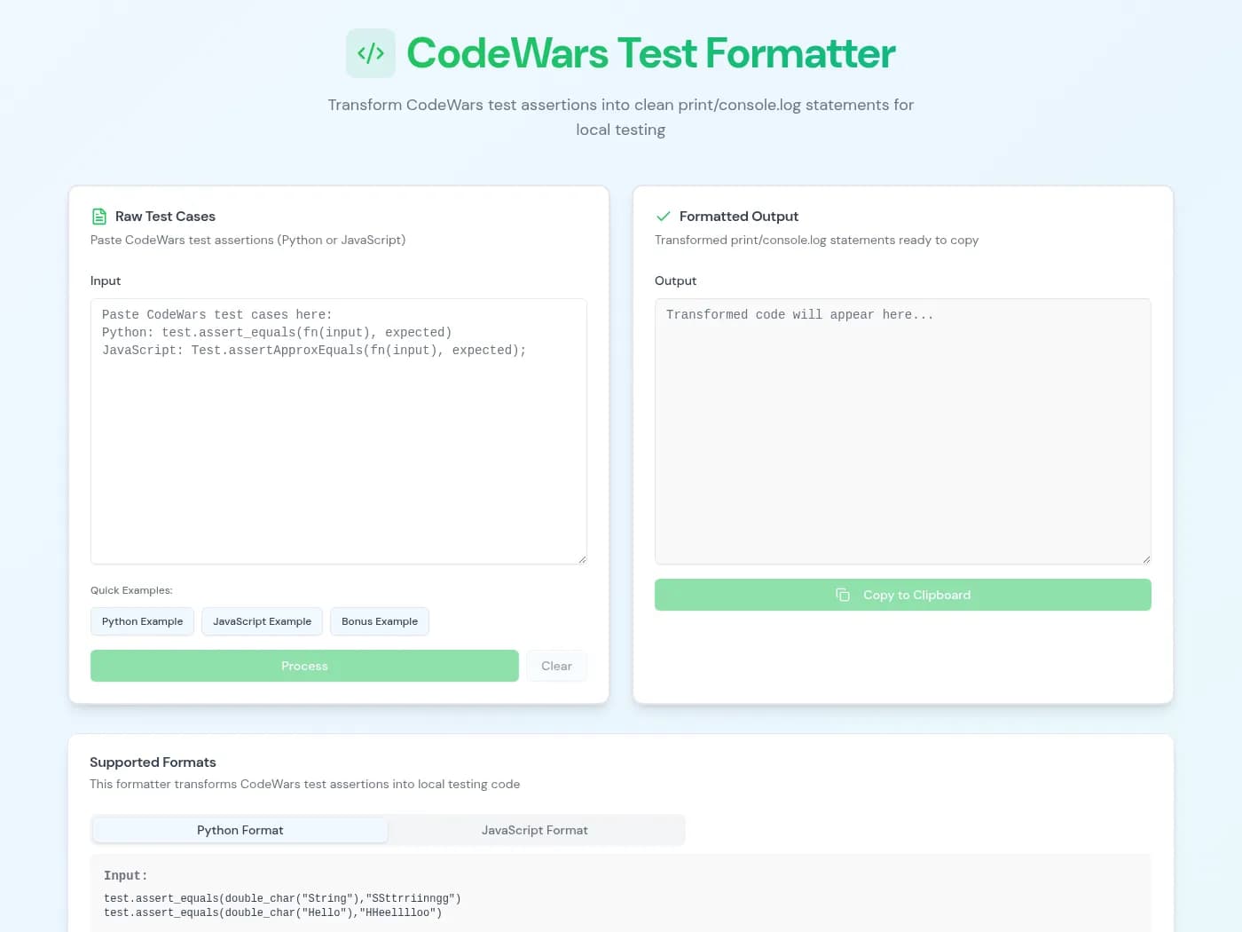 CodeWars Test Case Formatter