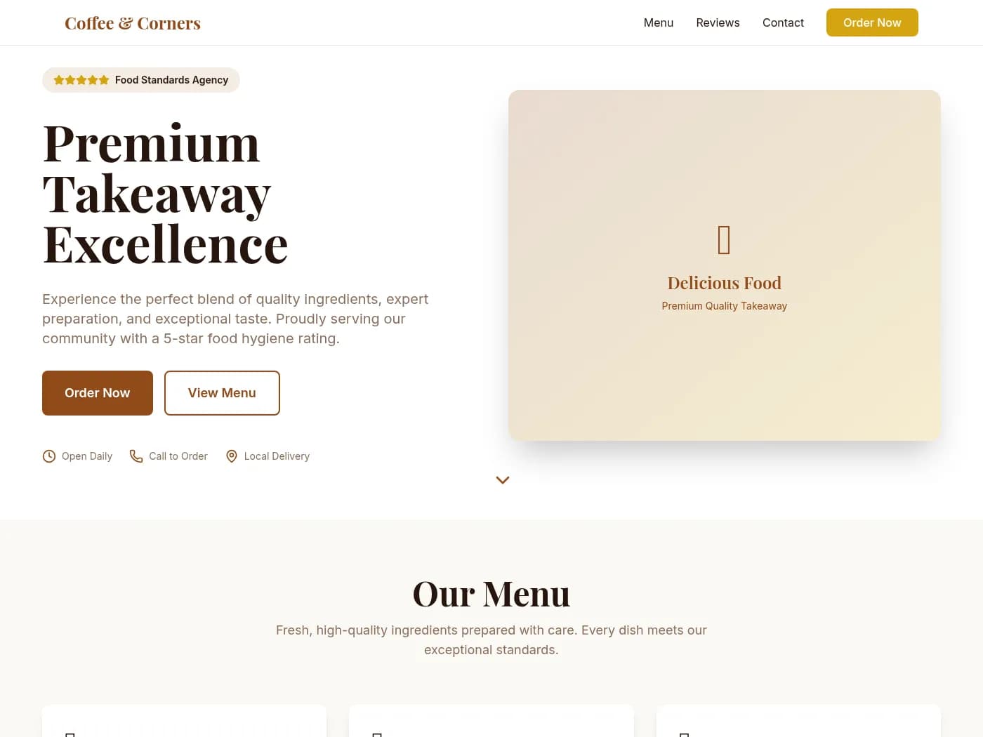 Coffee and Corners Website - 5-Star Takeaway Experience