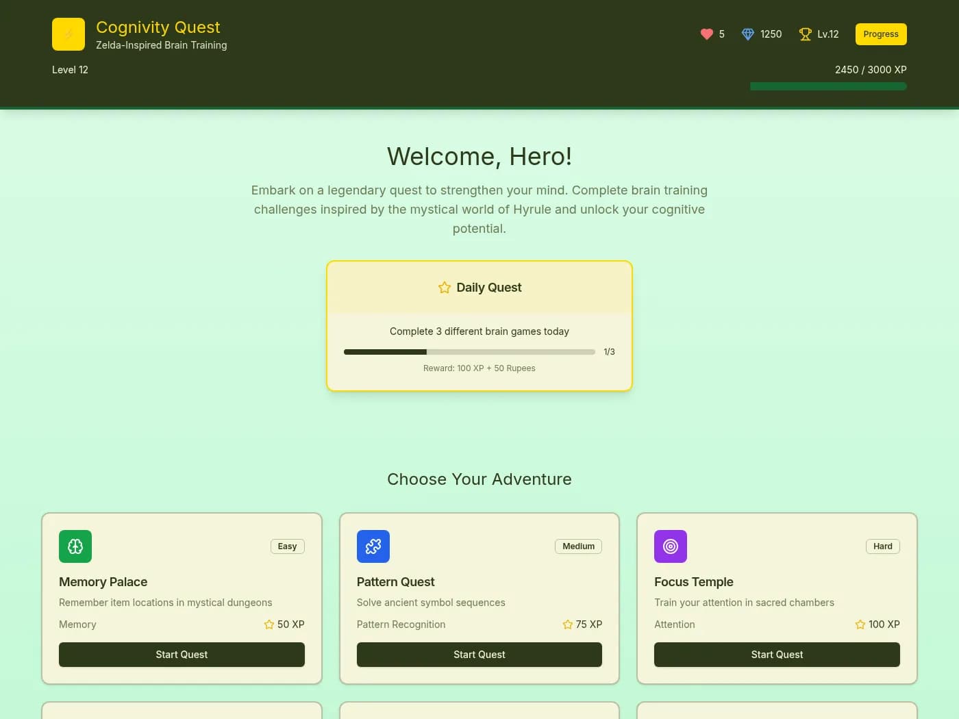 Cognivity Quest: Zelda-Inspired Brain Games Website