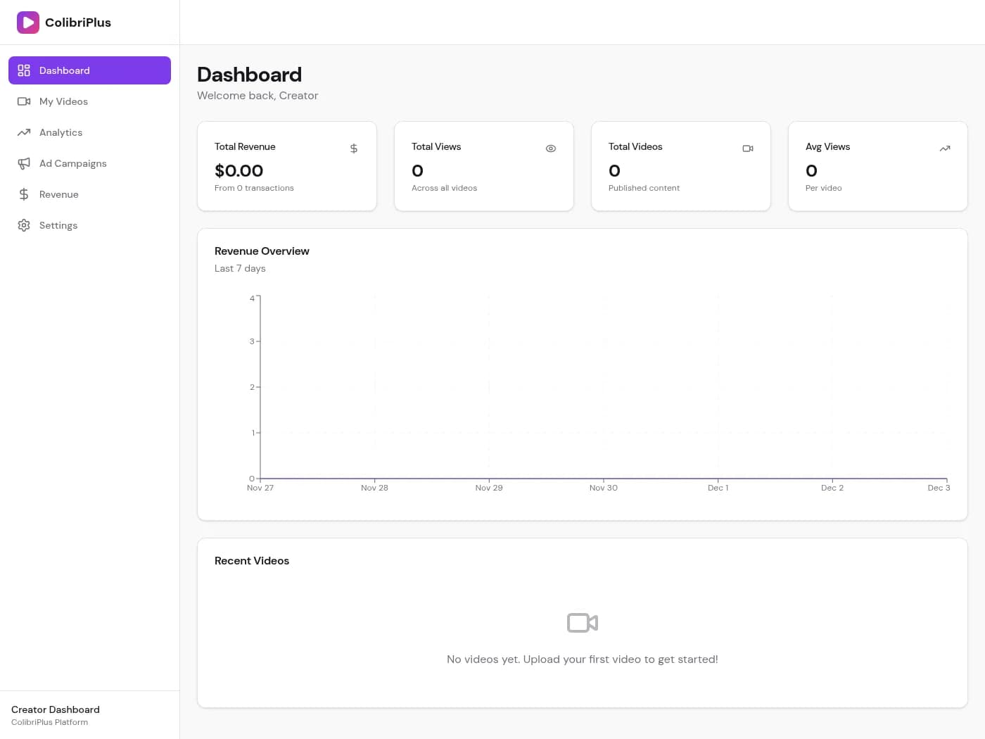 ColibriPlus Video Streaming & Monetization Dashboard