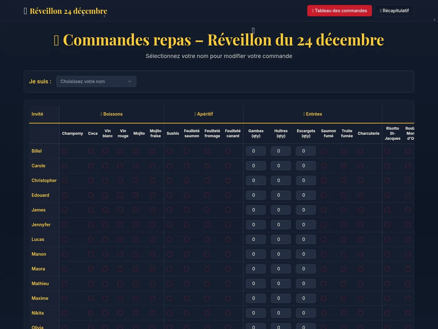 Commandes repas – Réveillon du 24 décembre (Application de gestion de commandes familiale)
