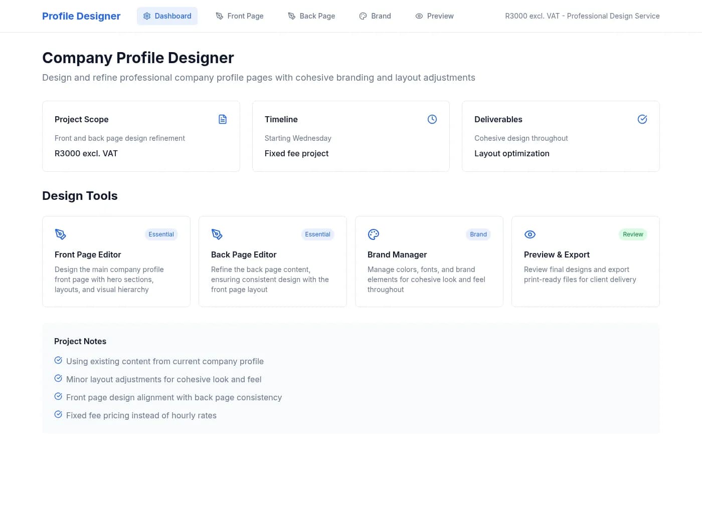 Company Profile Front and Back Page Design Tool