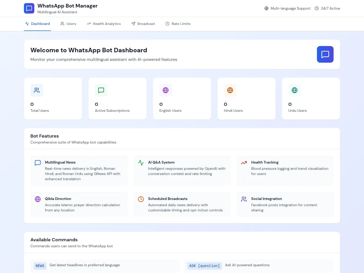Comprehensive Multilingual WhatsApp Bot with News, Q&A, Health Logging, and Religious Guidance