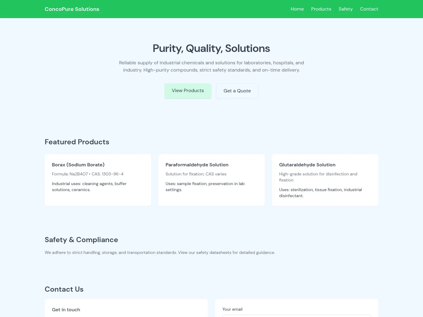 ConcoPure Solutions – Professional Industrial Chemicals Supplier Website