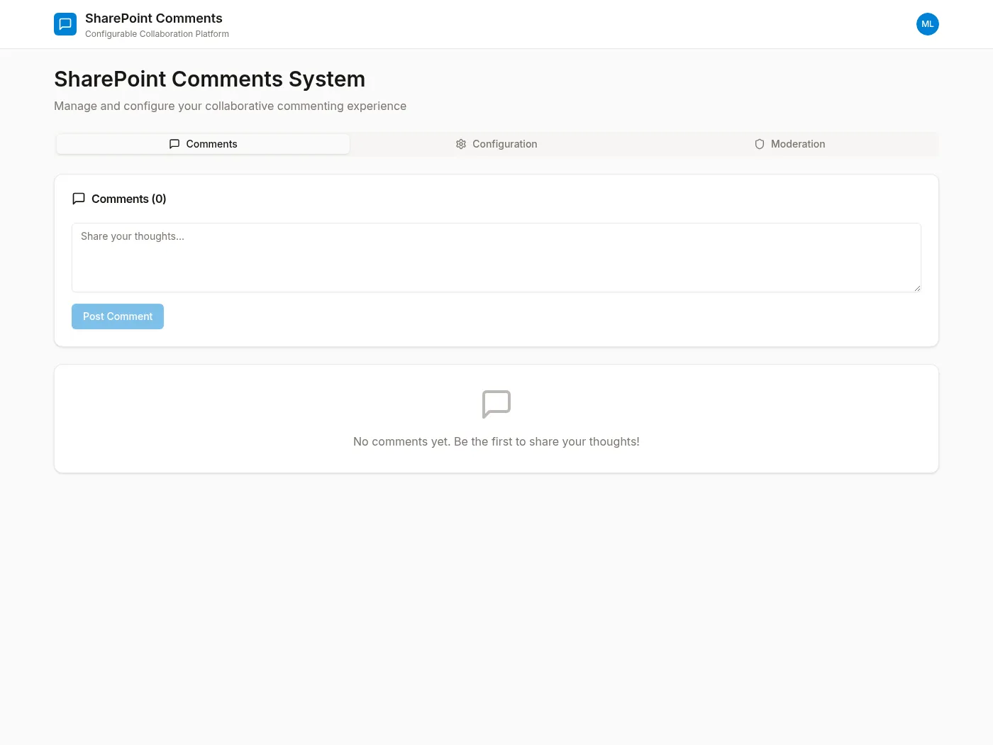 Configurable SharePoint Comments WebApp