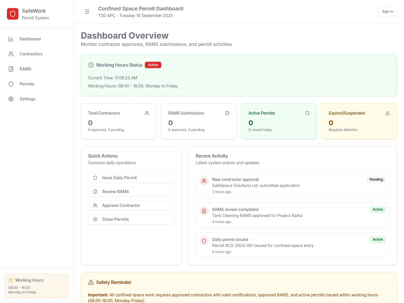 Confined Space Permit Management Dashboard