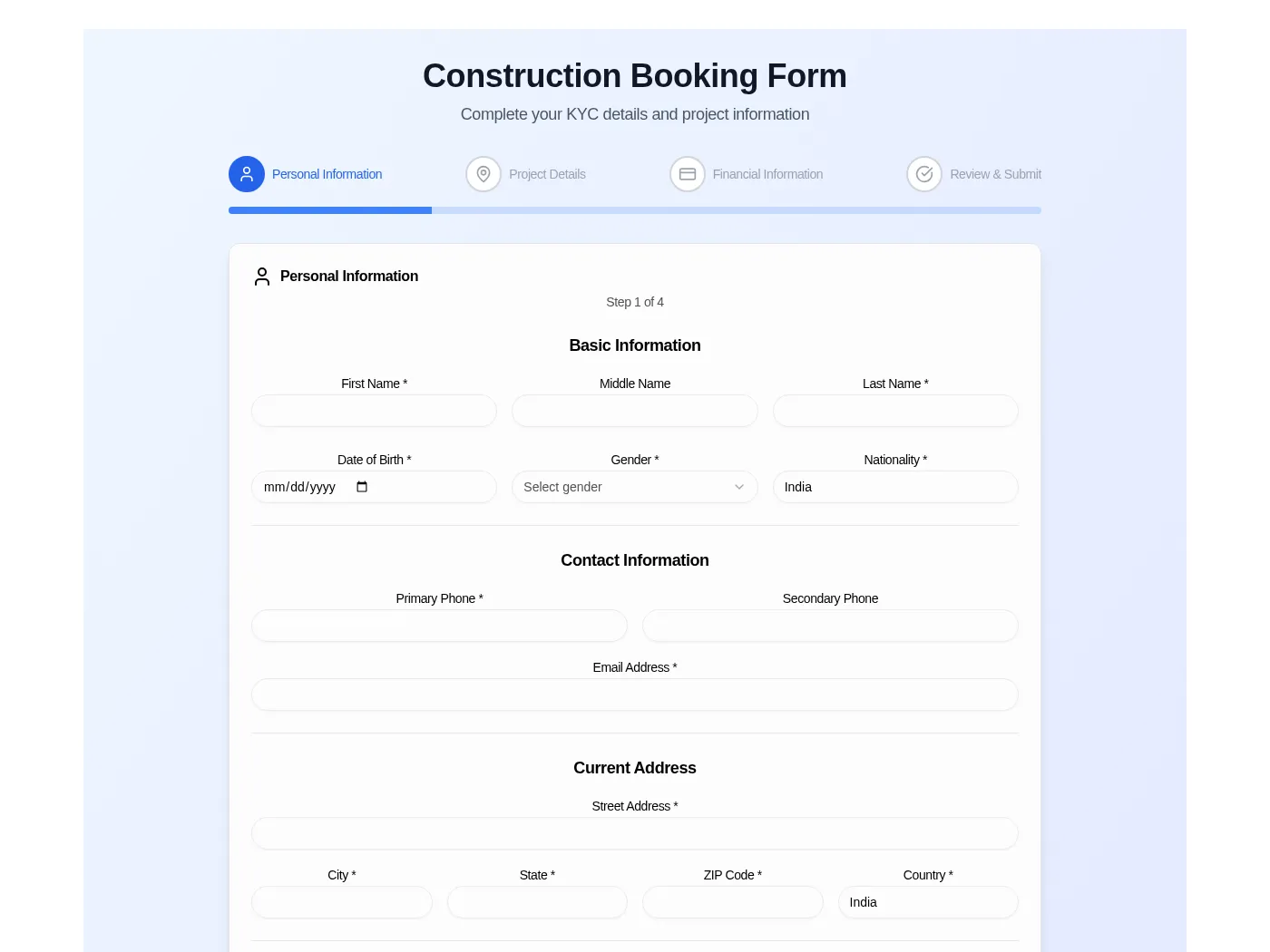 Construction Firm Booking & KYC Interface