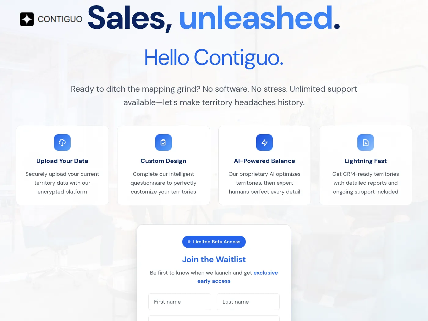 Contiguo.io Sales Territory Balancing – Coming Soon Waitlist Landing Page