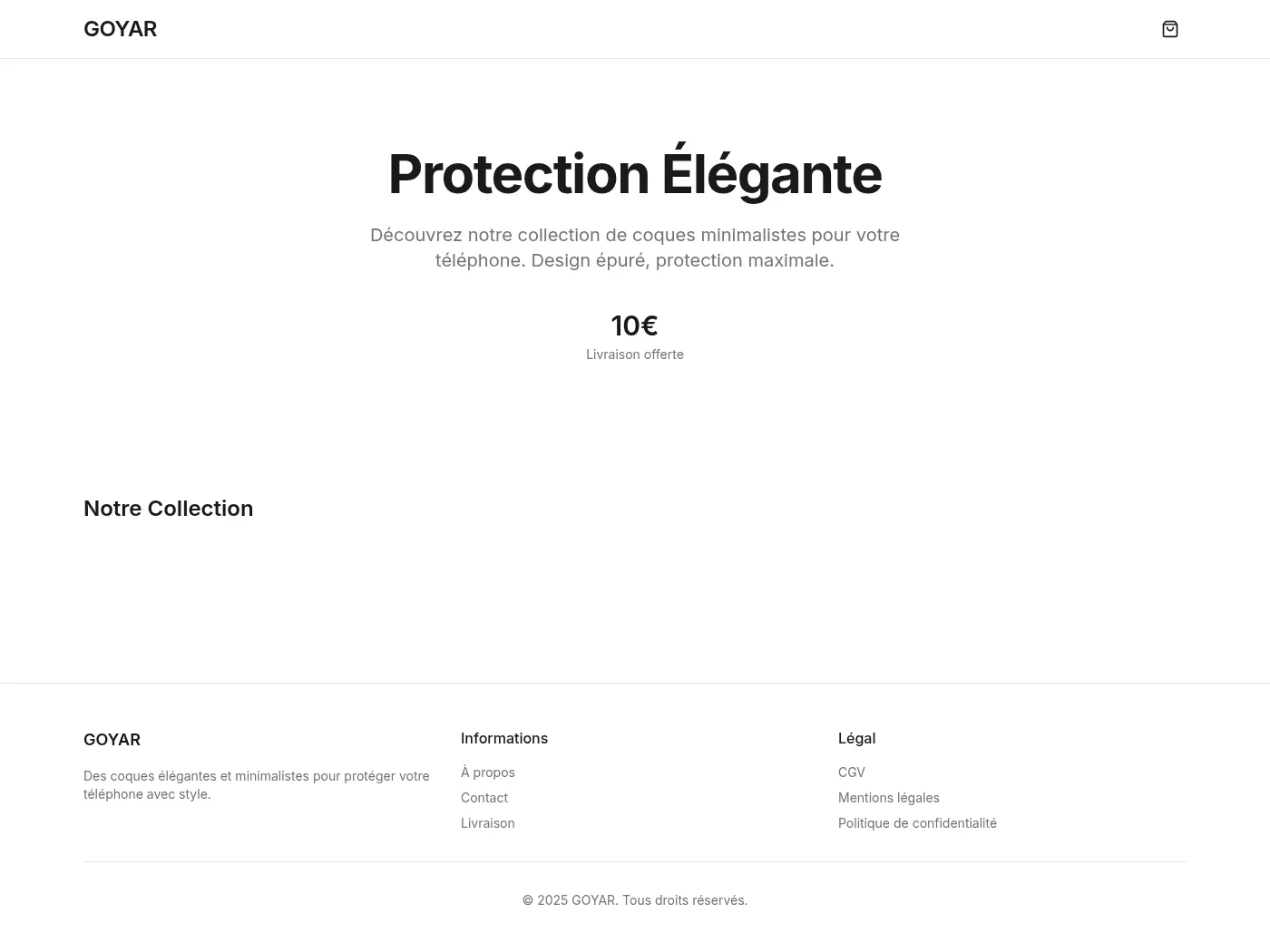 Boutique en ligne épurée pour coques Goyar à 10€