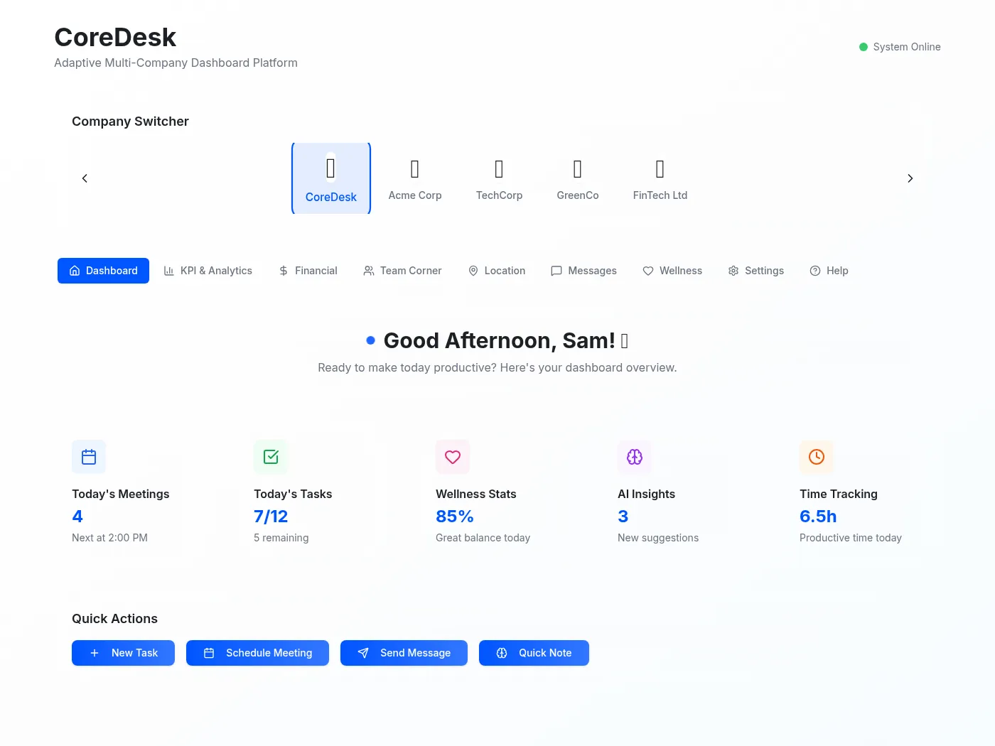 CoreDesk – Adaptive Multi-Company Dashboard Platform