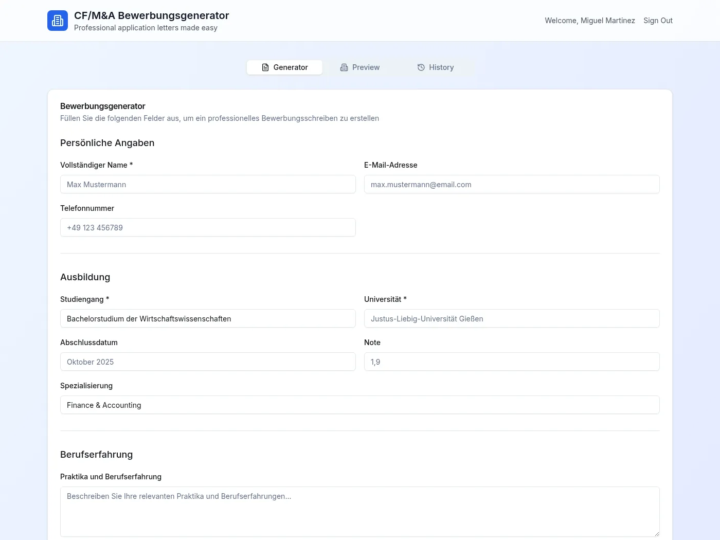 Corporate Finance/M&A Praktikumsbewerbung Generator