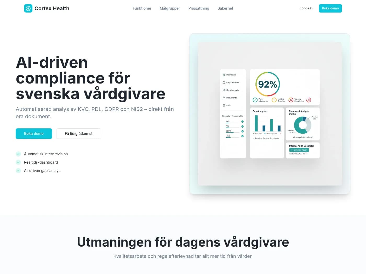 Cortex Health – Modern SaaS-hemsida för AI-drivet compliance inom svensk vård