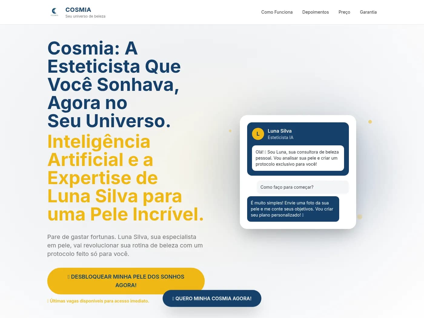 Landing Page de Alta Conversão para Cosmia - IA de Cuidados com a Pele