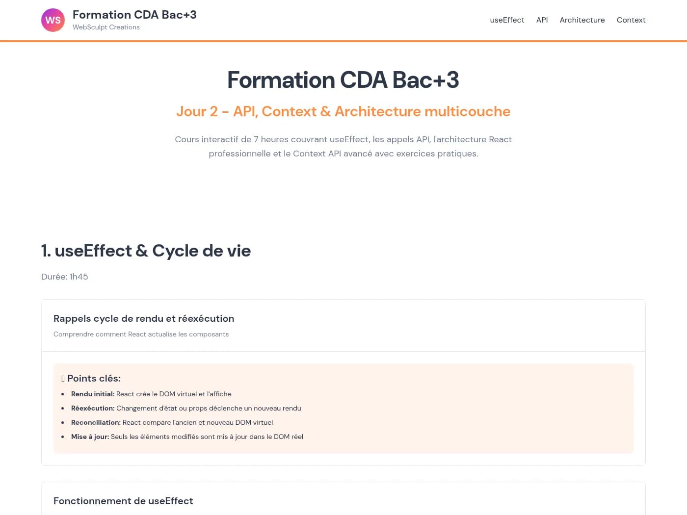 Cours interactif CDA bac+3 : API, useEffect, Architecture multicouche & Context avancé