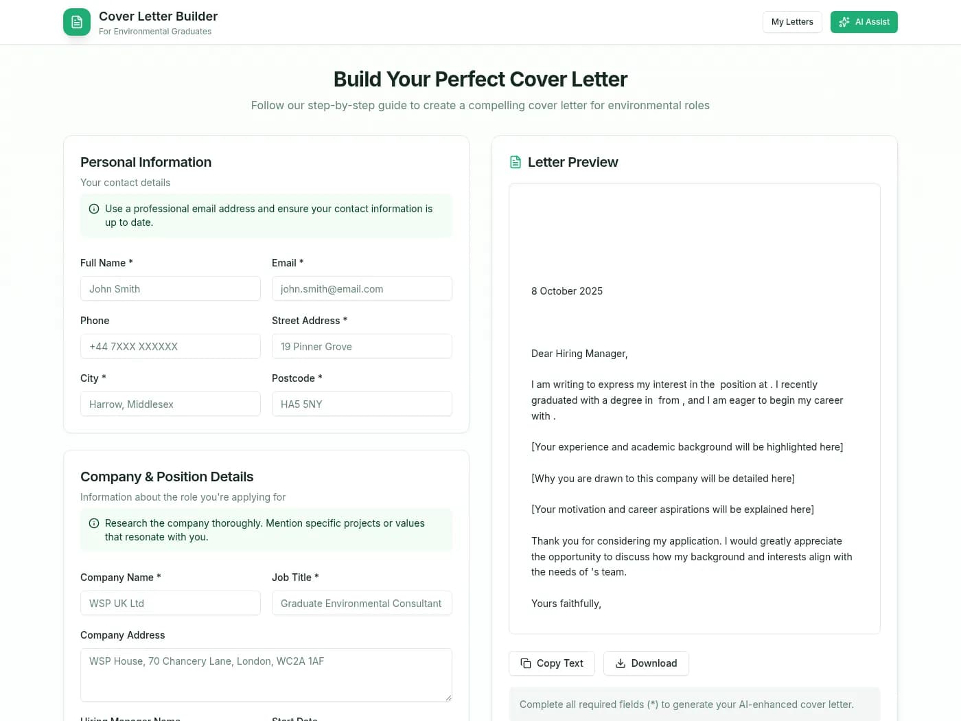 Cover Letter Builder for Graduate Environmental Roles