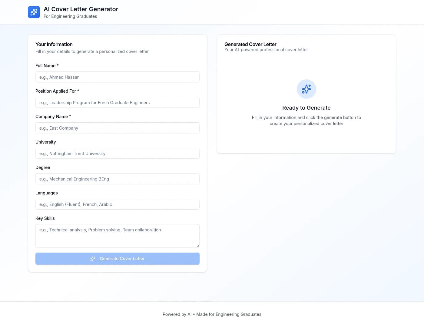 AI-Powered Cover Letter Generator for Engineering Graduates