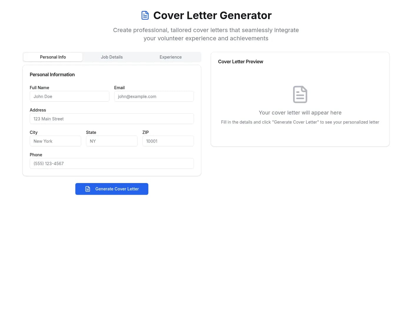 Automated Polished Cover Letter Generator with Volunteer Experience Integration