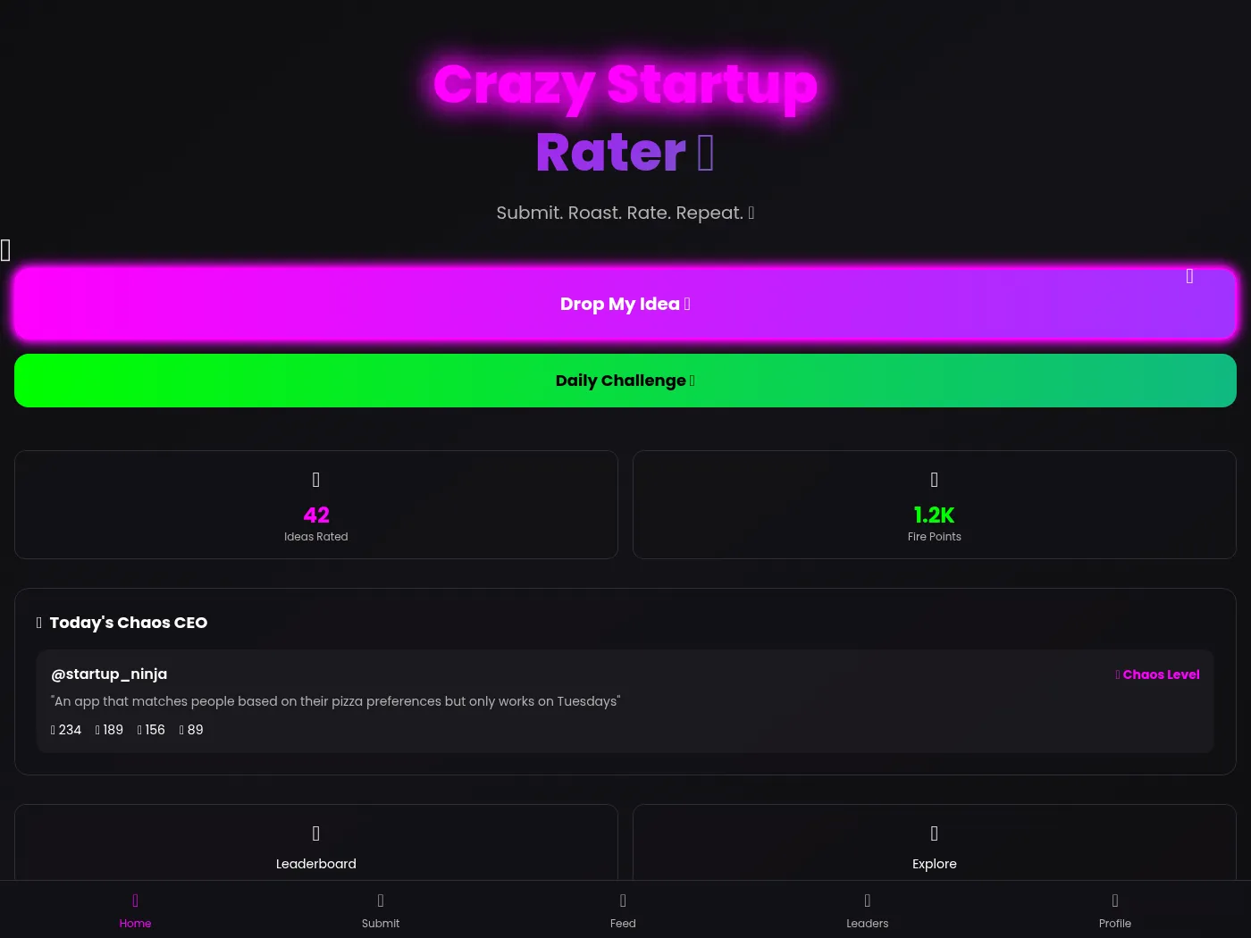 Crazy Startup Rater: Gen Z Neon Game for Startup Ideas