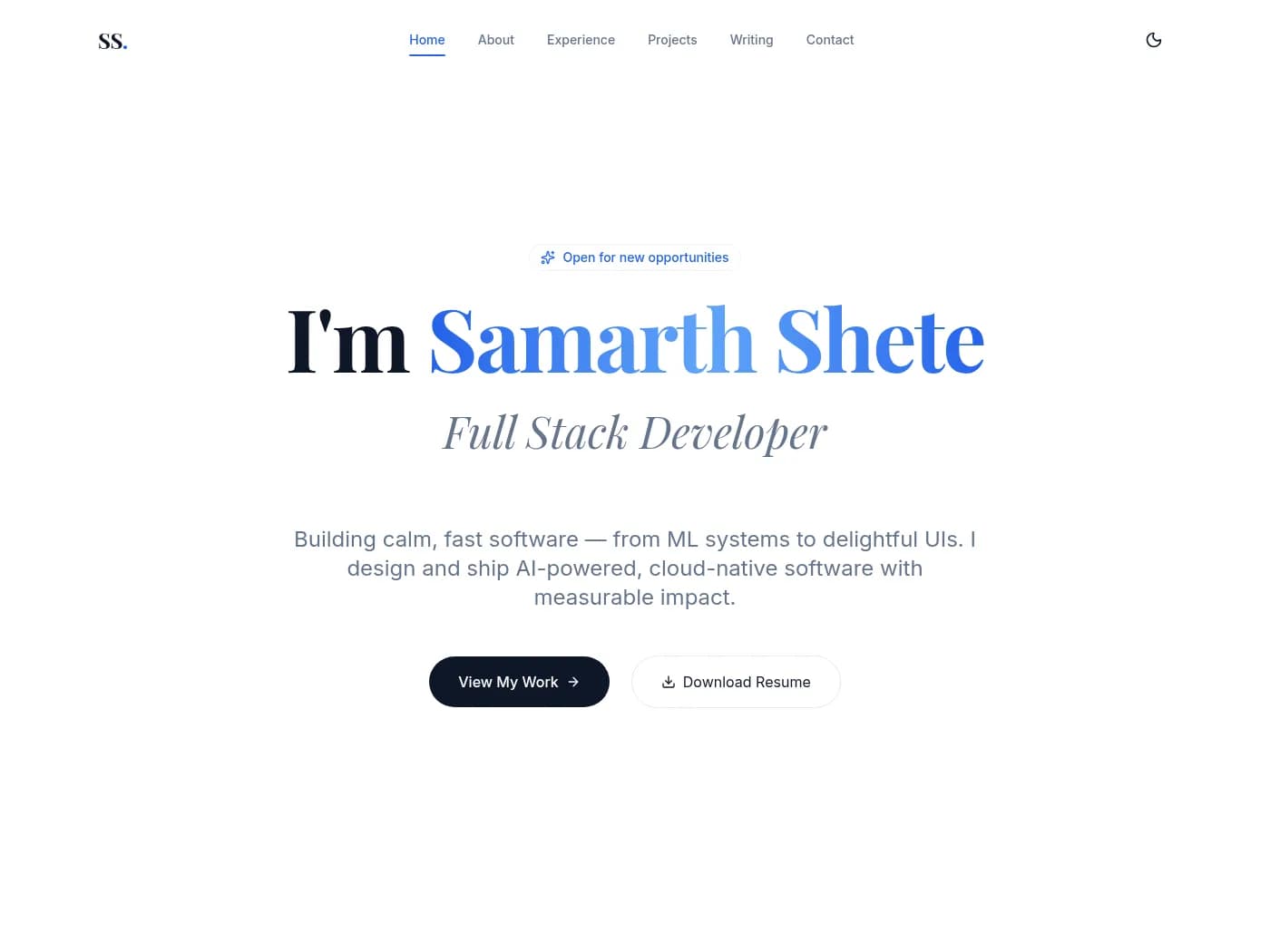 Calm, Interactive Minimalist Portfolio for AI/ML Engineer (Samarth Shete)