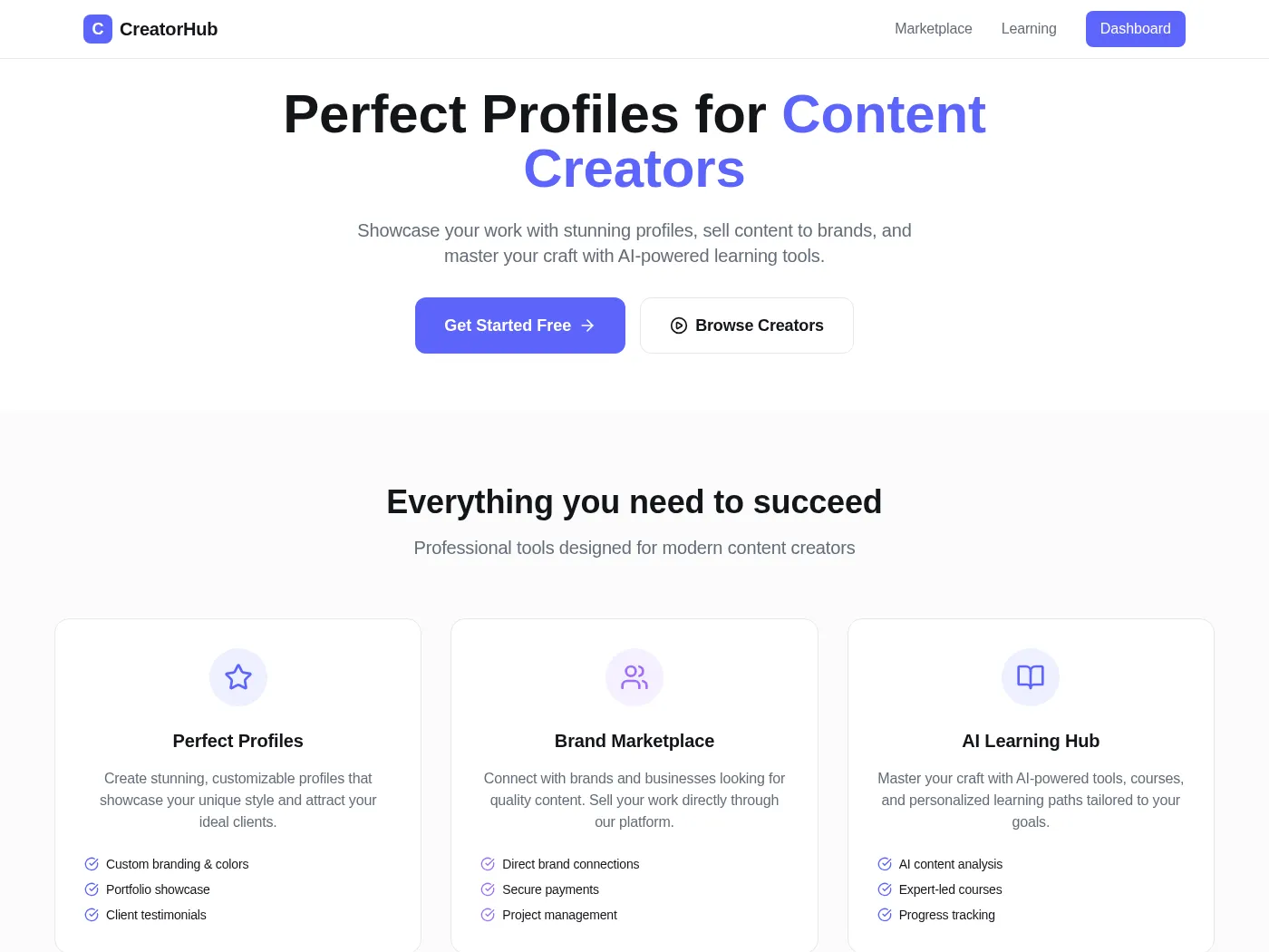 CreatorHub: Modern Profiles & Learning Marketplace for Content Creators