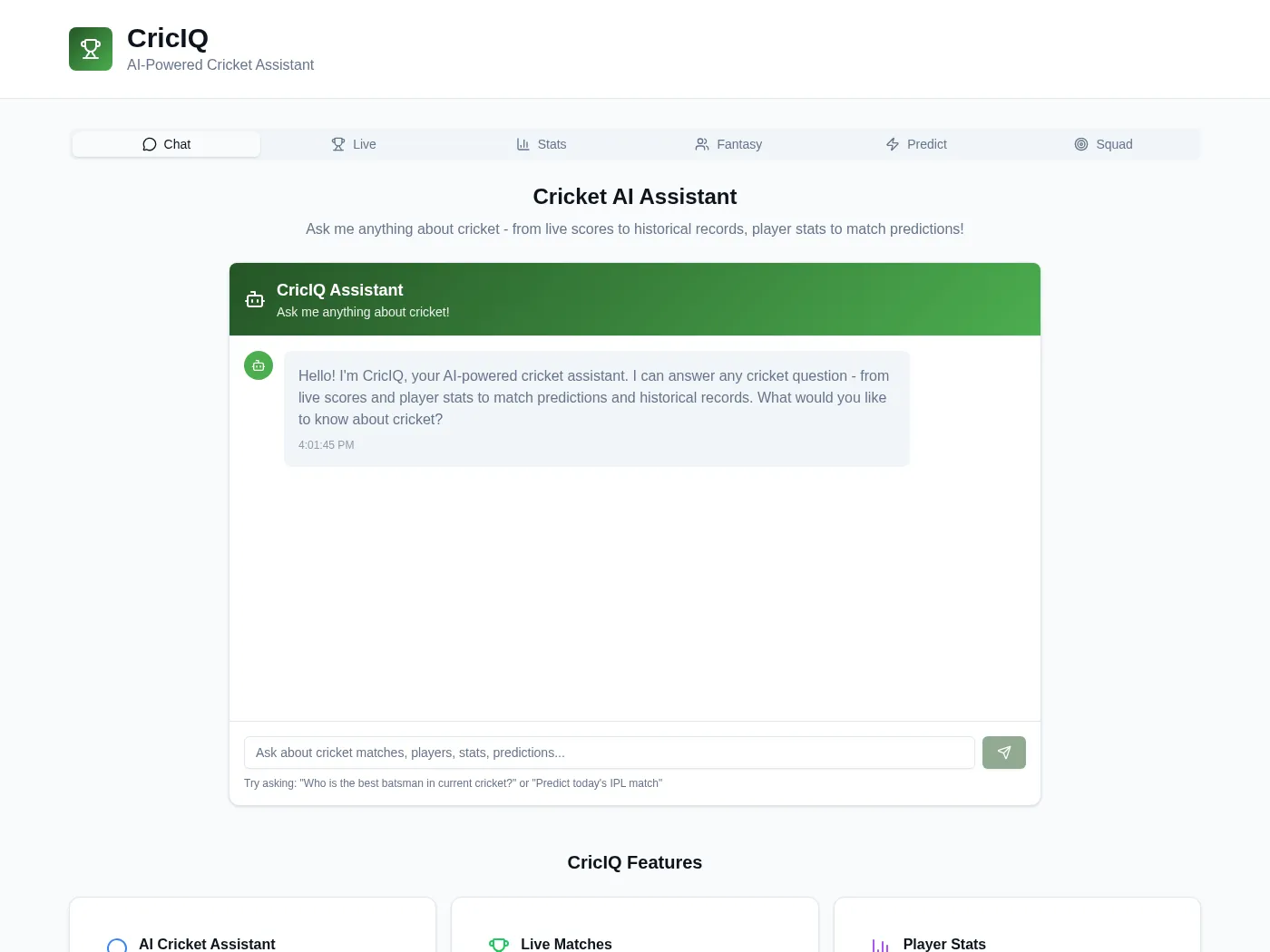 CricIQ – AI-Powered Cricket Assistant