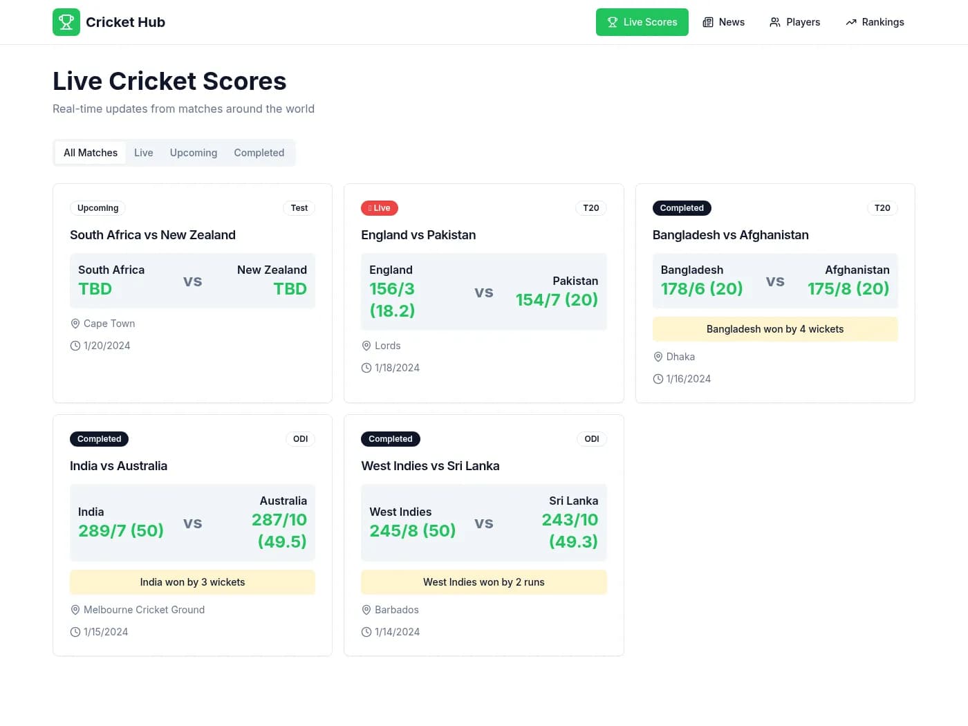 Cricket Live Hub: Scores, News, Player Info & Rankings